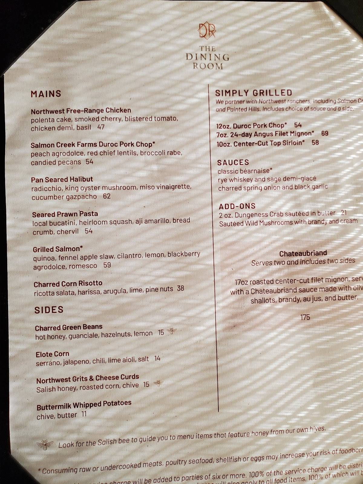 Menu at The Dining Room @ Salish Lodge & Spa pub & bar, Snoqualmie