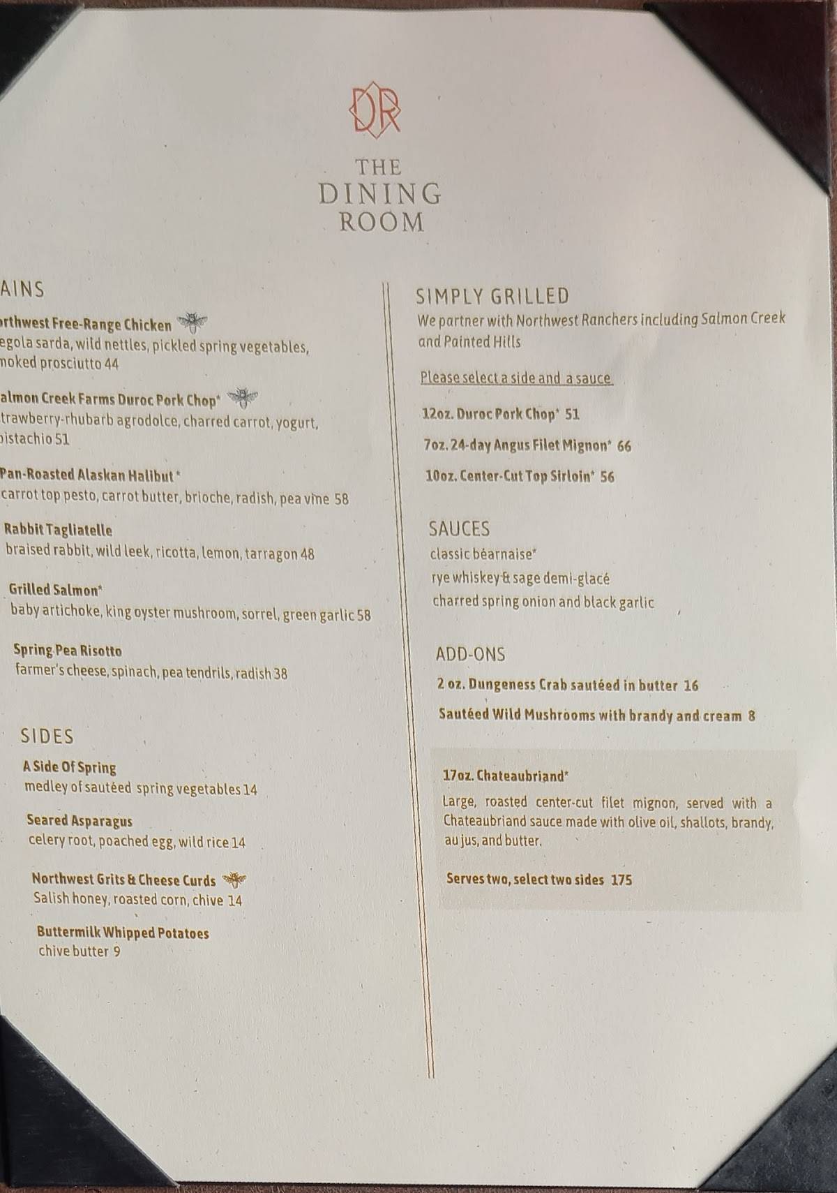 Menu at The Dining Room @ Salish Lodge & Spa pub & bar, Snoqualmie