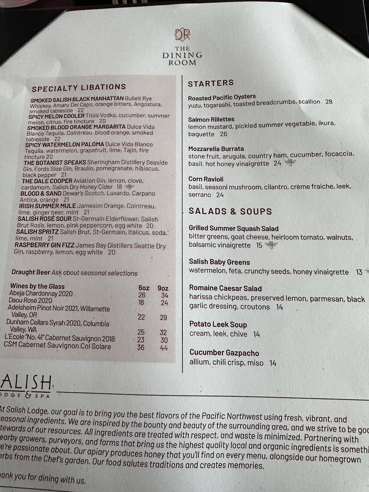 Menu at The Dining Room @ Salish Lodge & Spa pub & bar, Snoqualmie