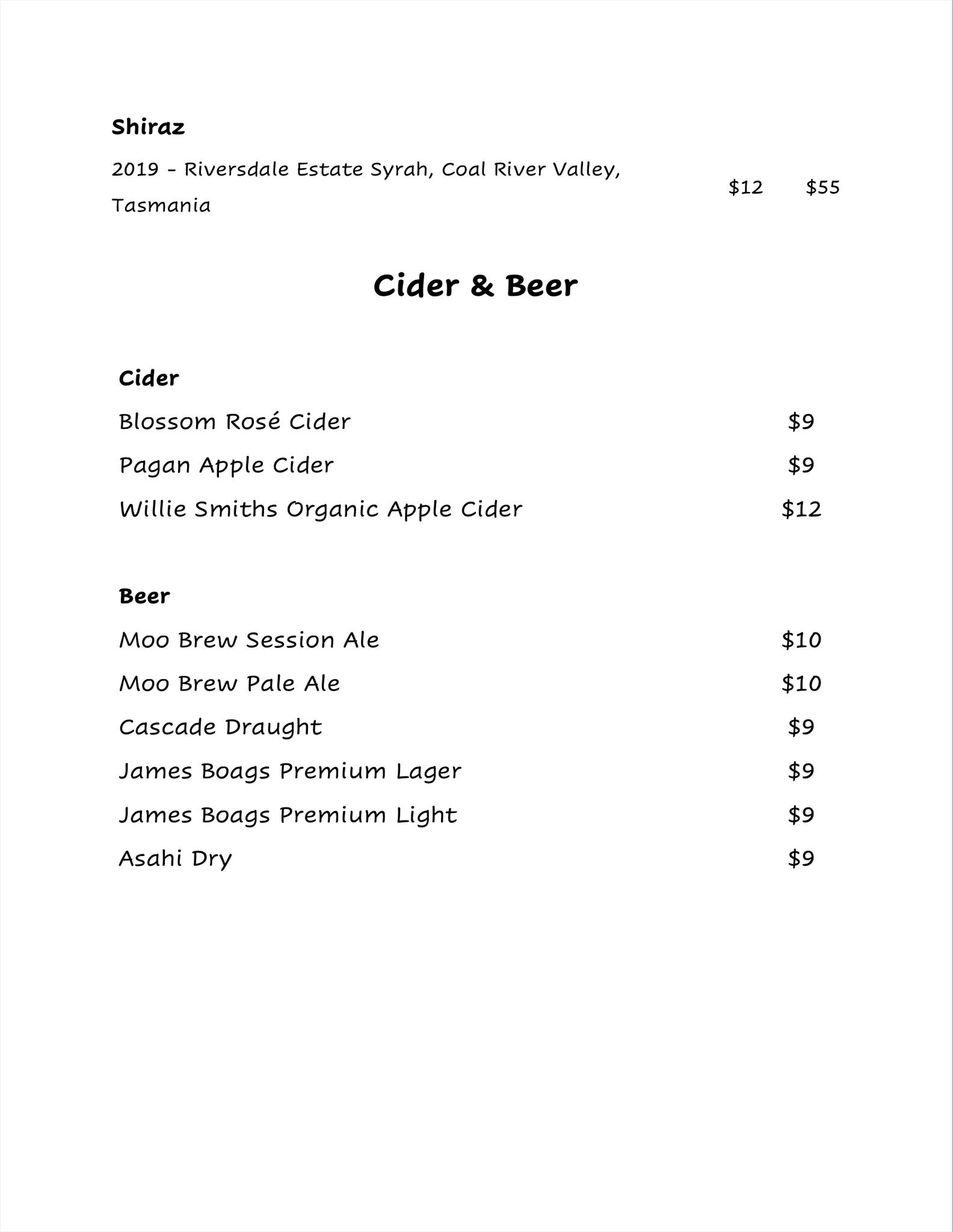 Menu at The Duchess Cafe, Sandy Bay