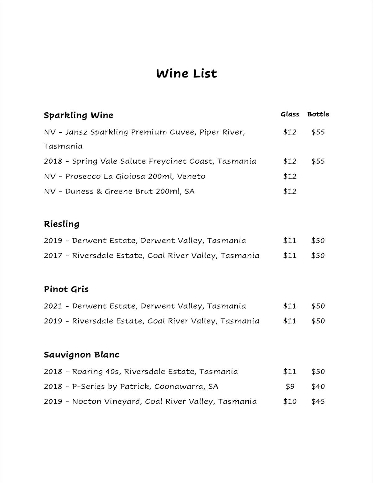 Menu at The Duchess Cafe, Sandy Bay