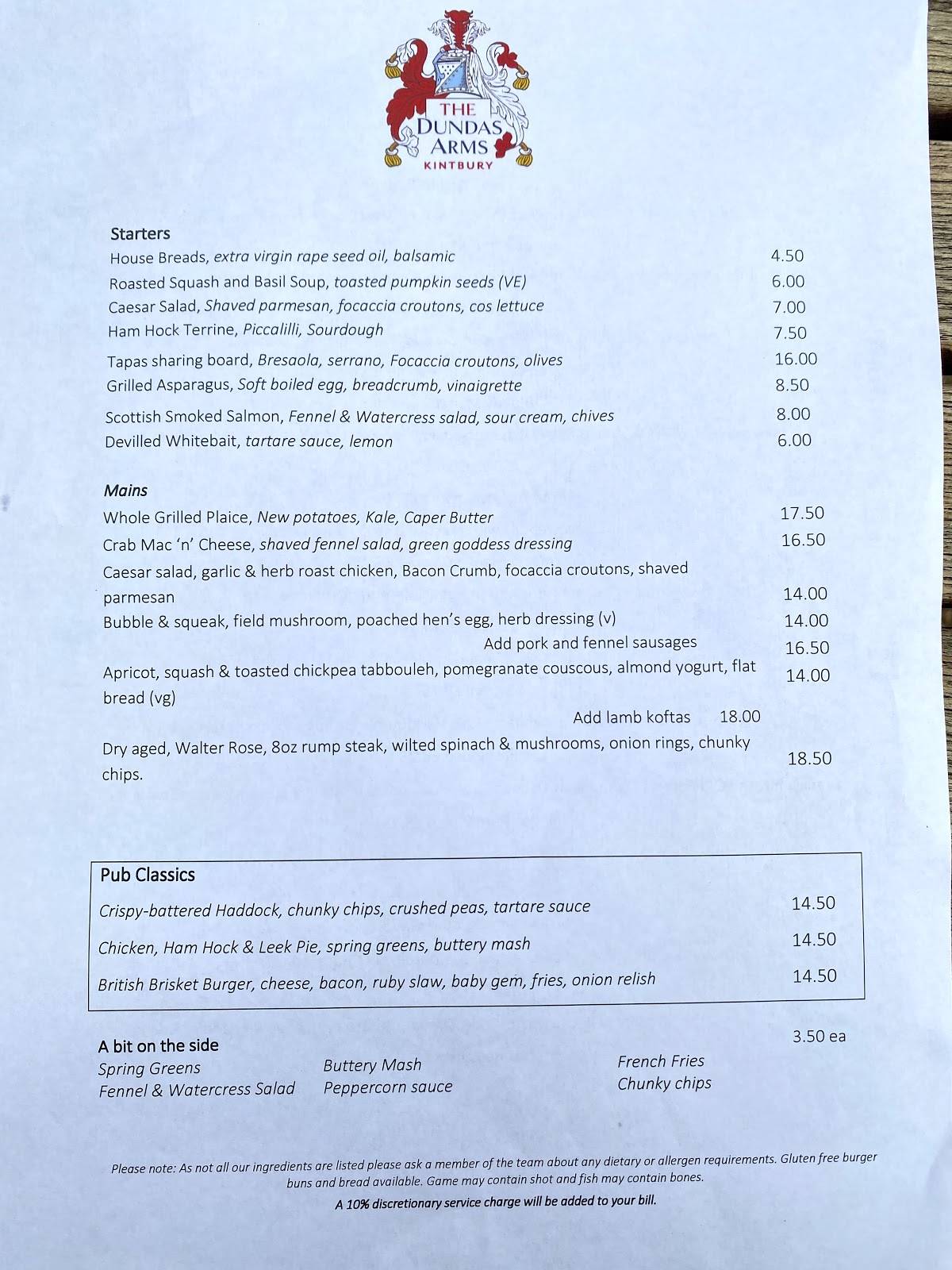 Menu at The Dundas Arms pub & bar, Kintbury