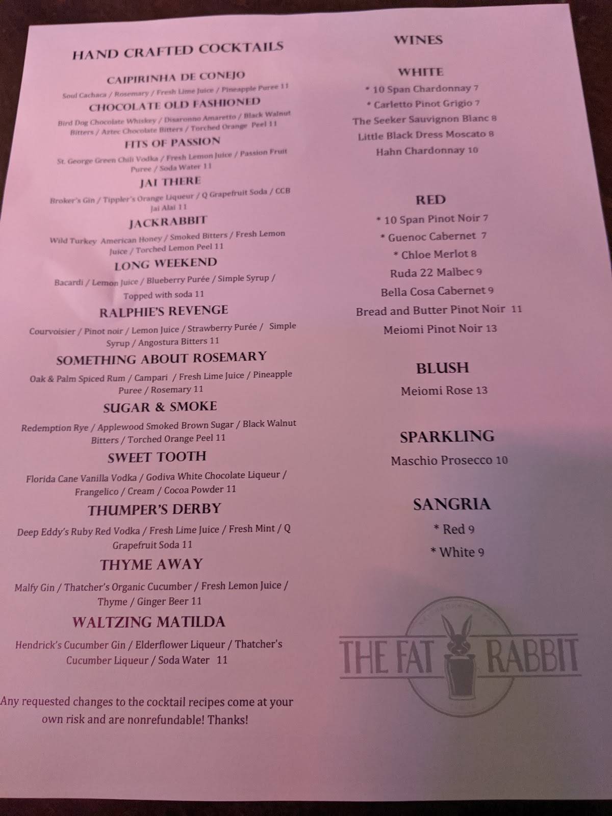 Menu at The Fat Rabbit Pub, Tampa