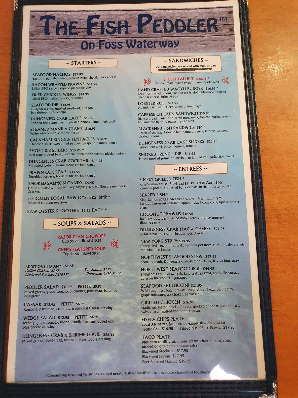 Menu at The Fish Peddler Restaurant on Foss Waterway, Tacoma