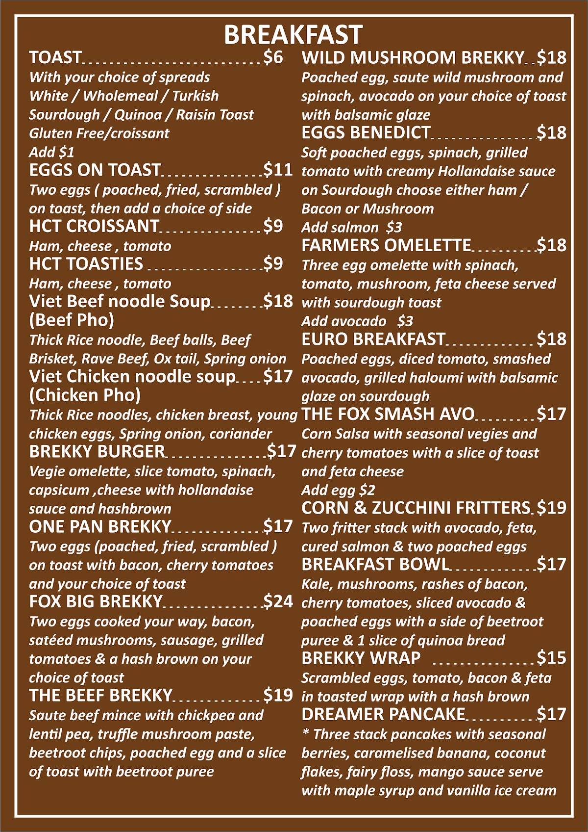 Menu at The Fox Cafe, Wahroonga, 2/178 Fox Valley Rd