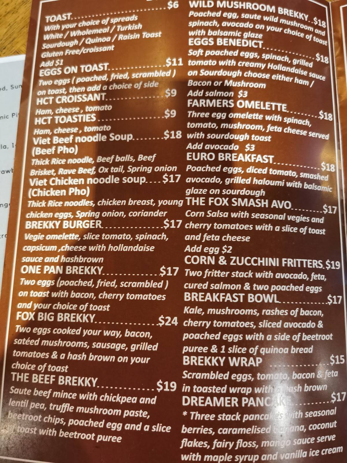 Menu at The Fox Cafe, Wahroonga, 2/178 Fox Valley Rd