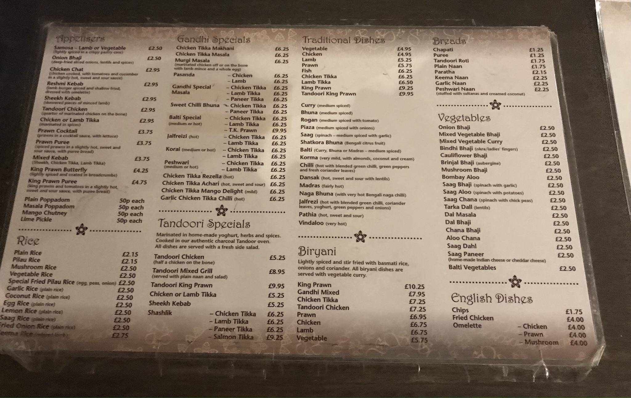 Menu at The Gandhi in Sandy restaurant, Sandy