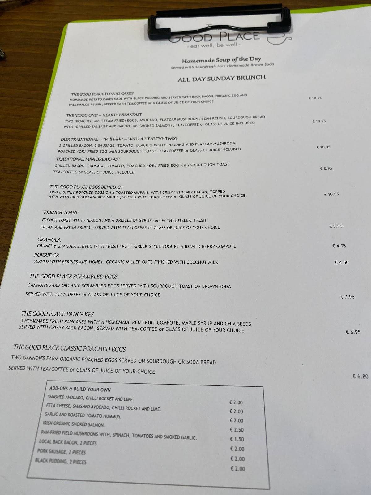 Menu at The Good Place cafe, Roscommon