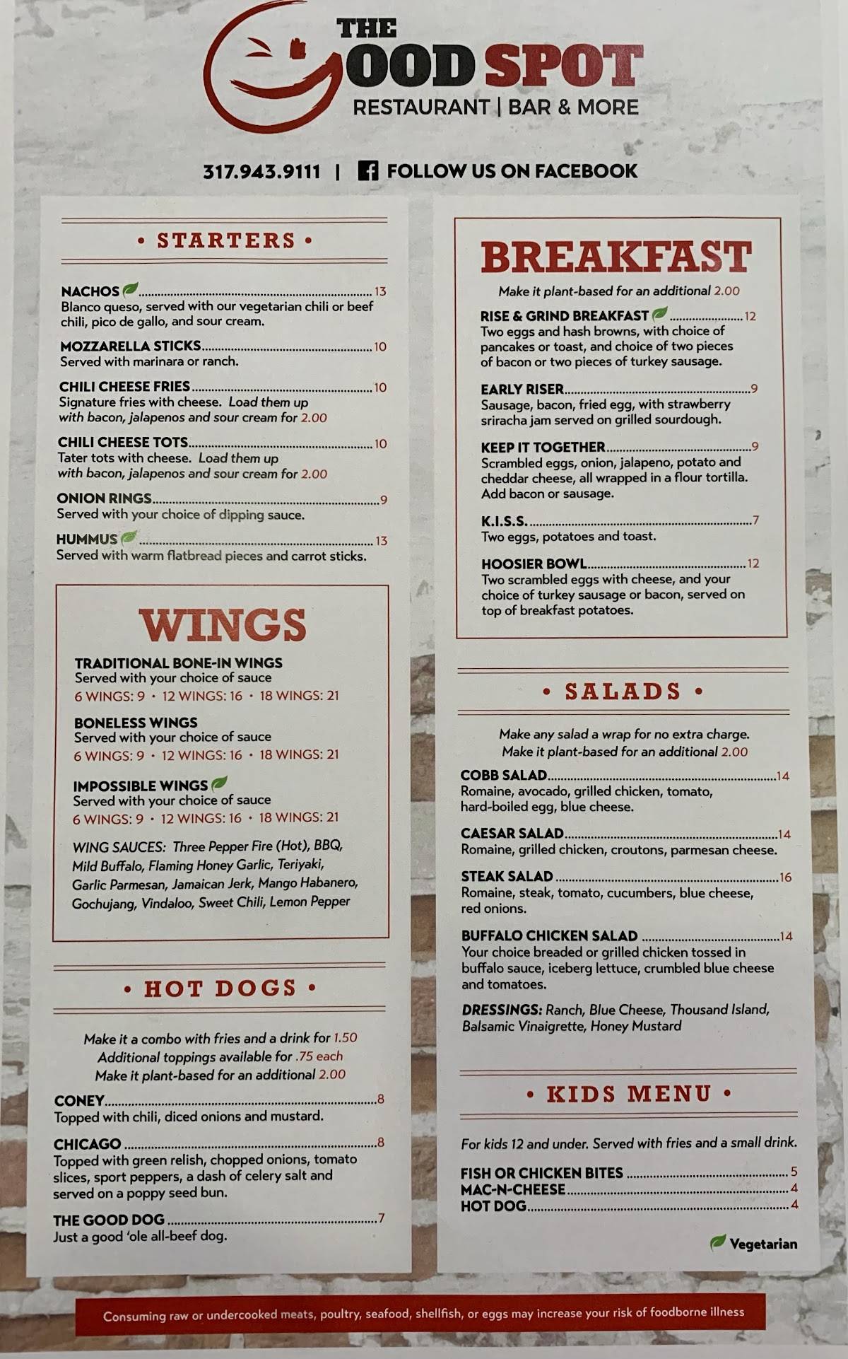 Menu at The Good Spot restaurant, Indianapolis