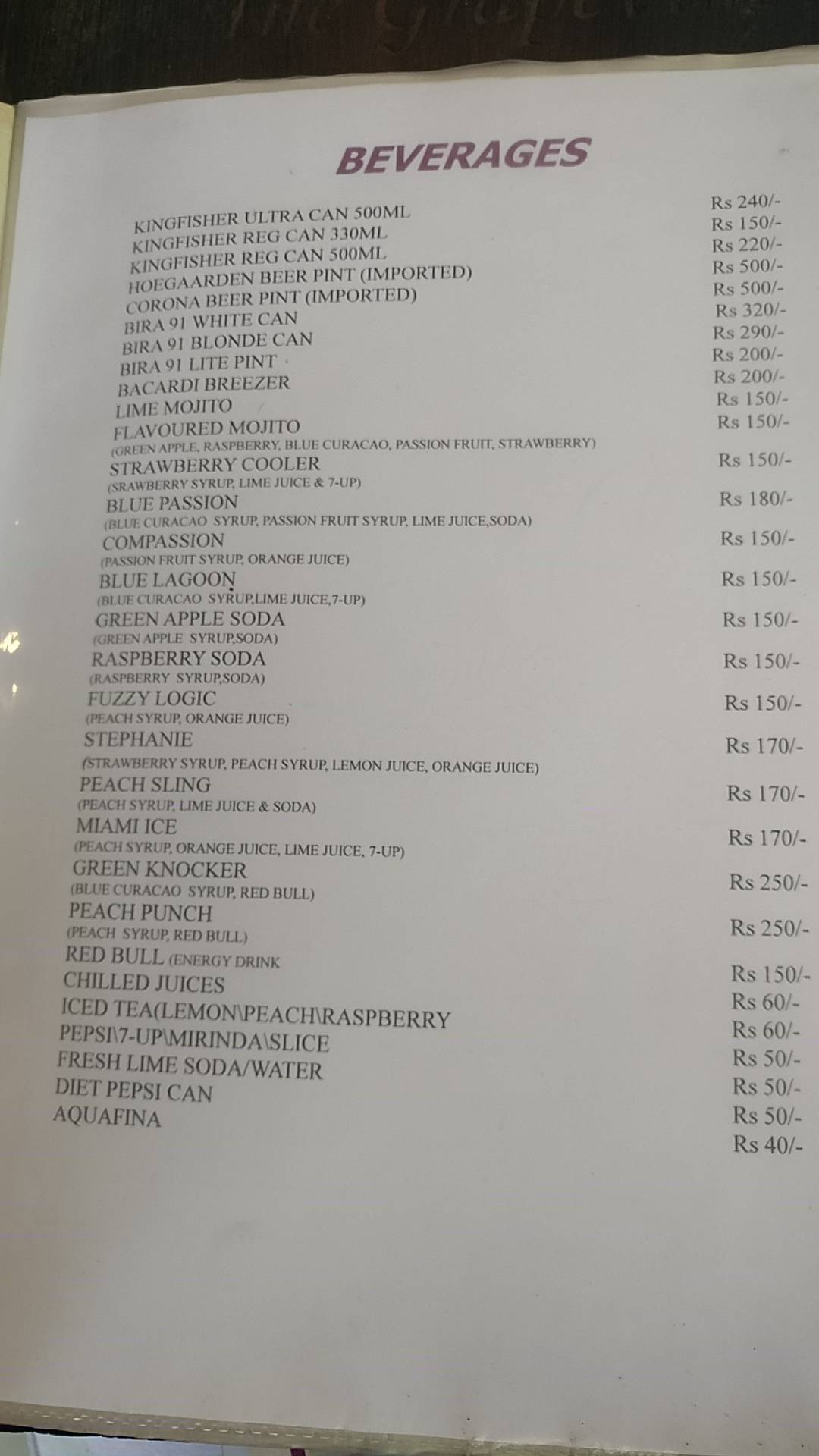 Menu at The Grapevine Restaurant, Mahabaleshwar