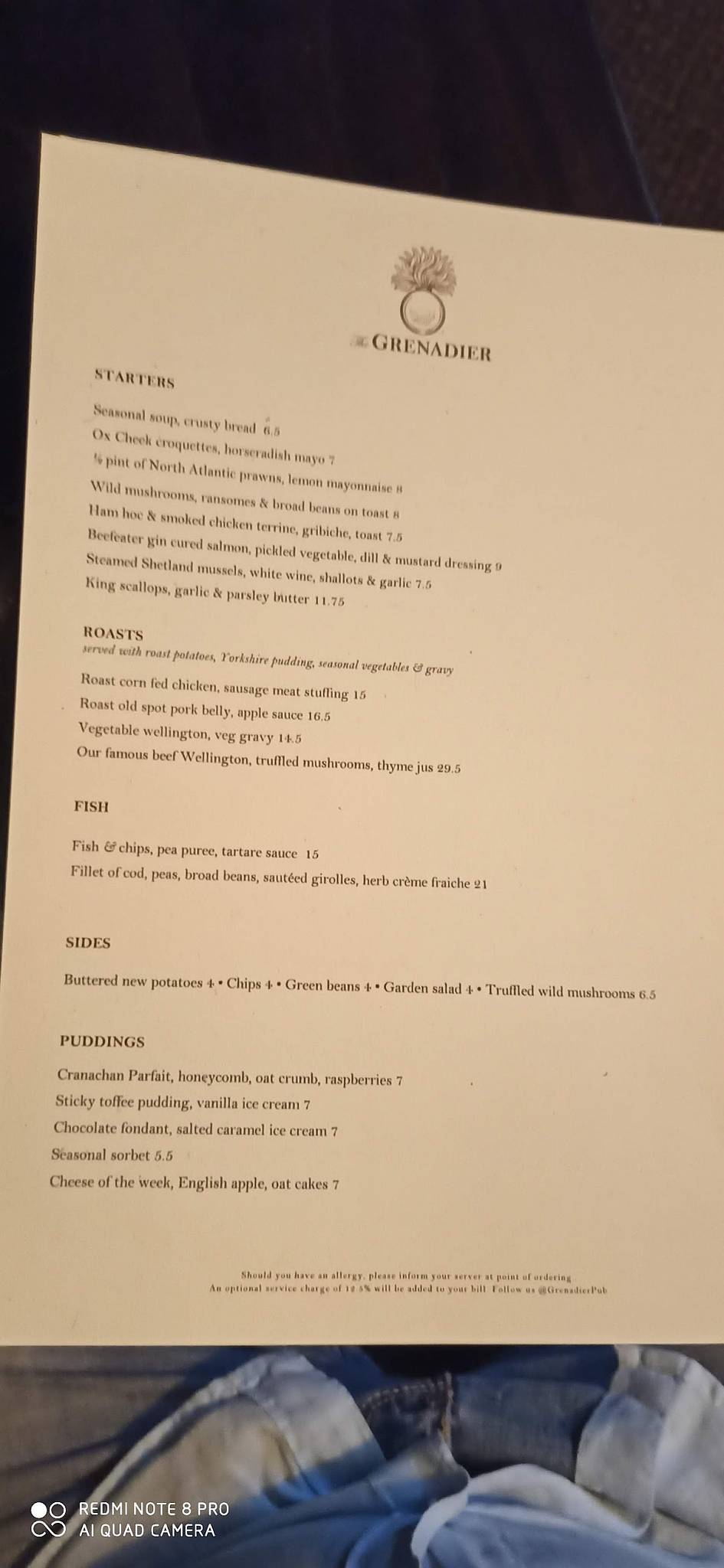 Menu at The Grenadier pub & bar, London