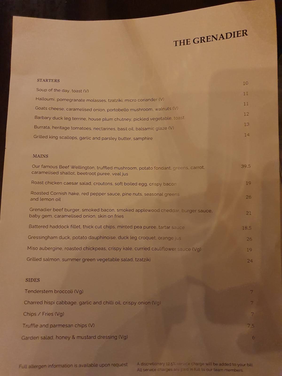 Menu at The Grenadier pub & bar, London