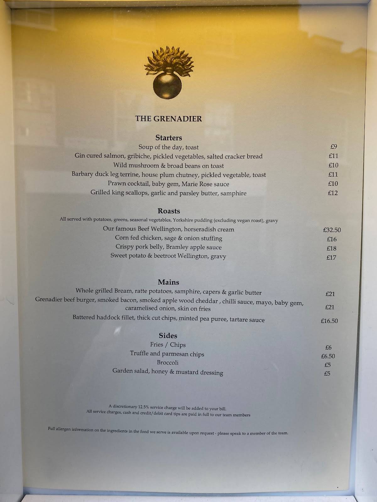 Menu at The Grenadier pub & bar, London