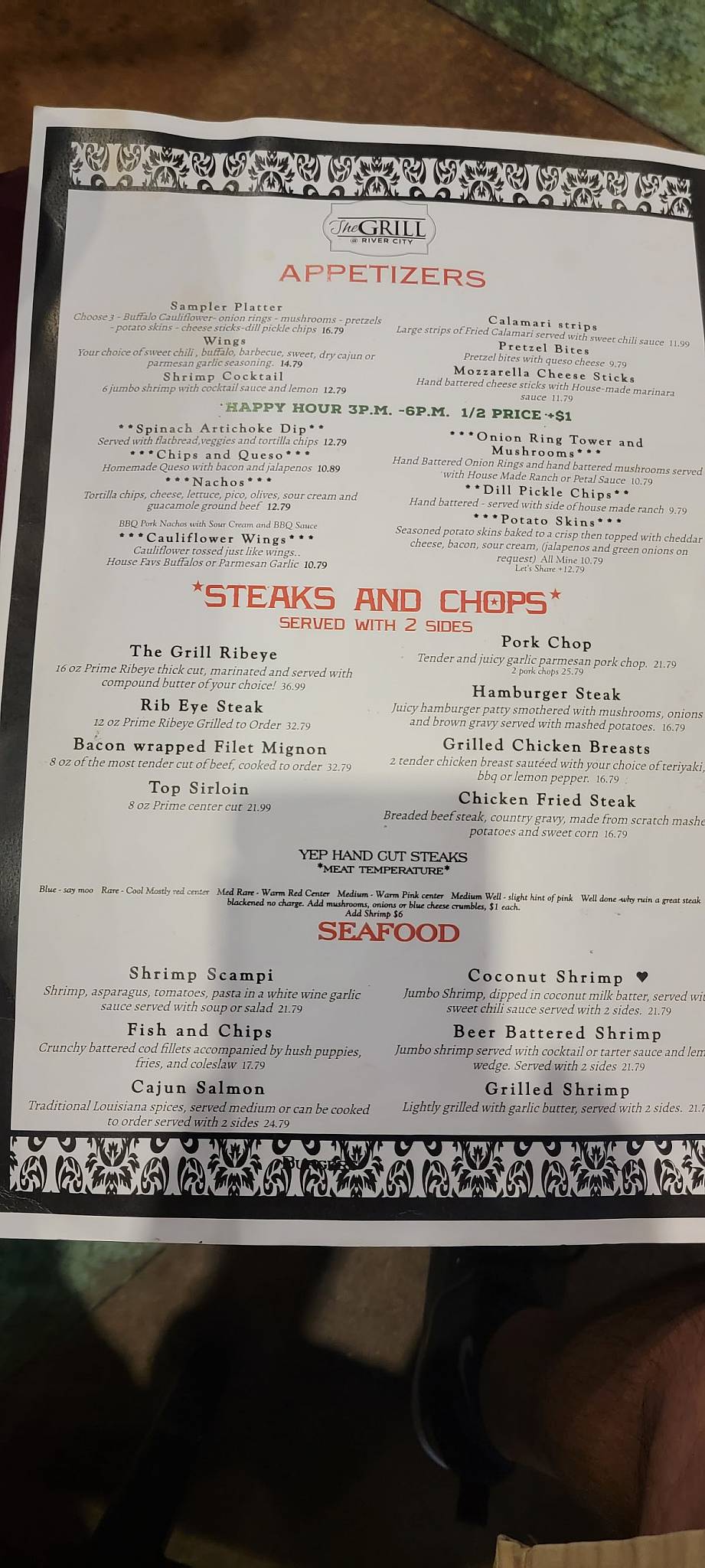 Menu at The Grill at River City Restaurant, Sterling