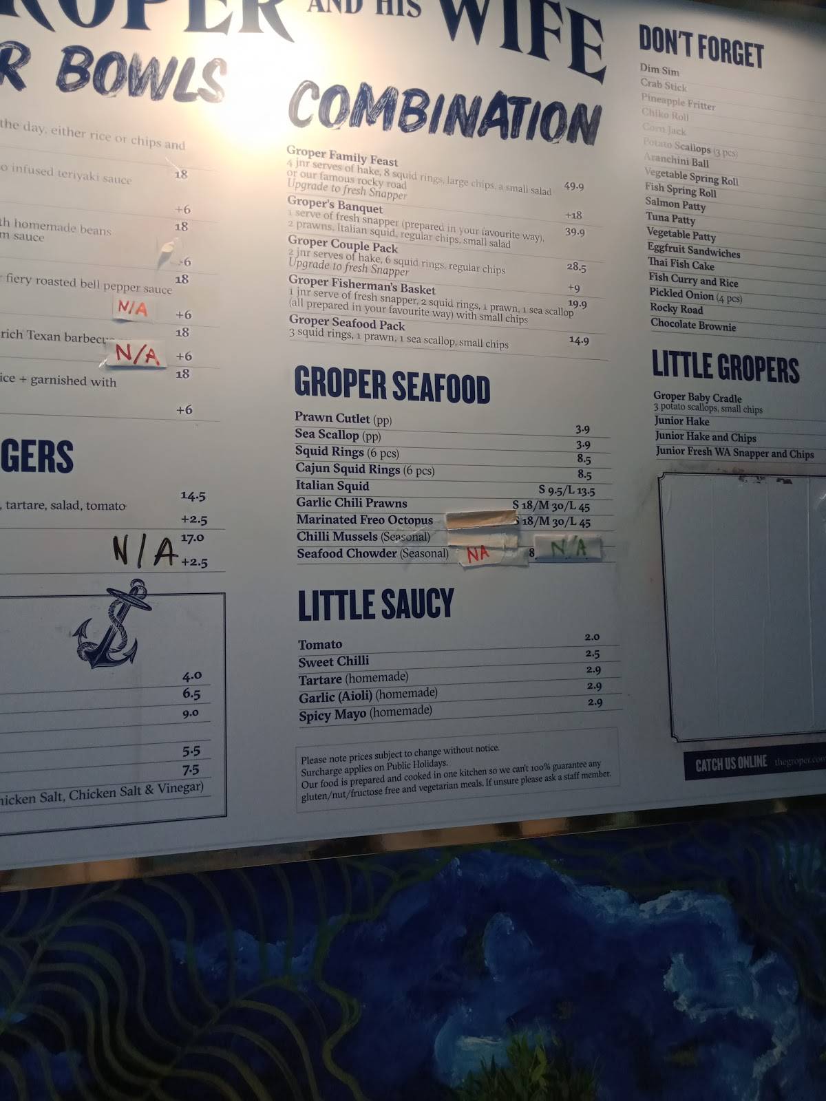 Menu at The Groper & His Wife restaurant, City Beach