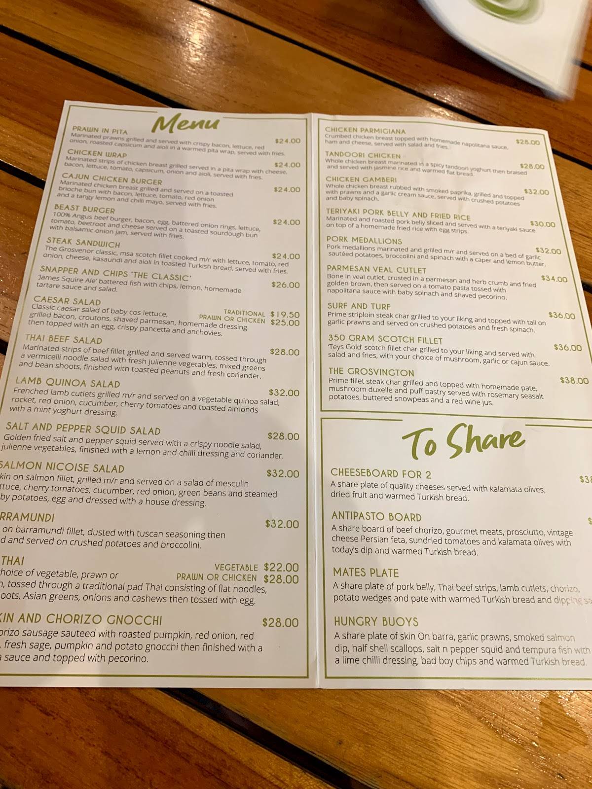 Menu at The Grosvenor Hotel pub & bar, Perth