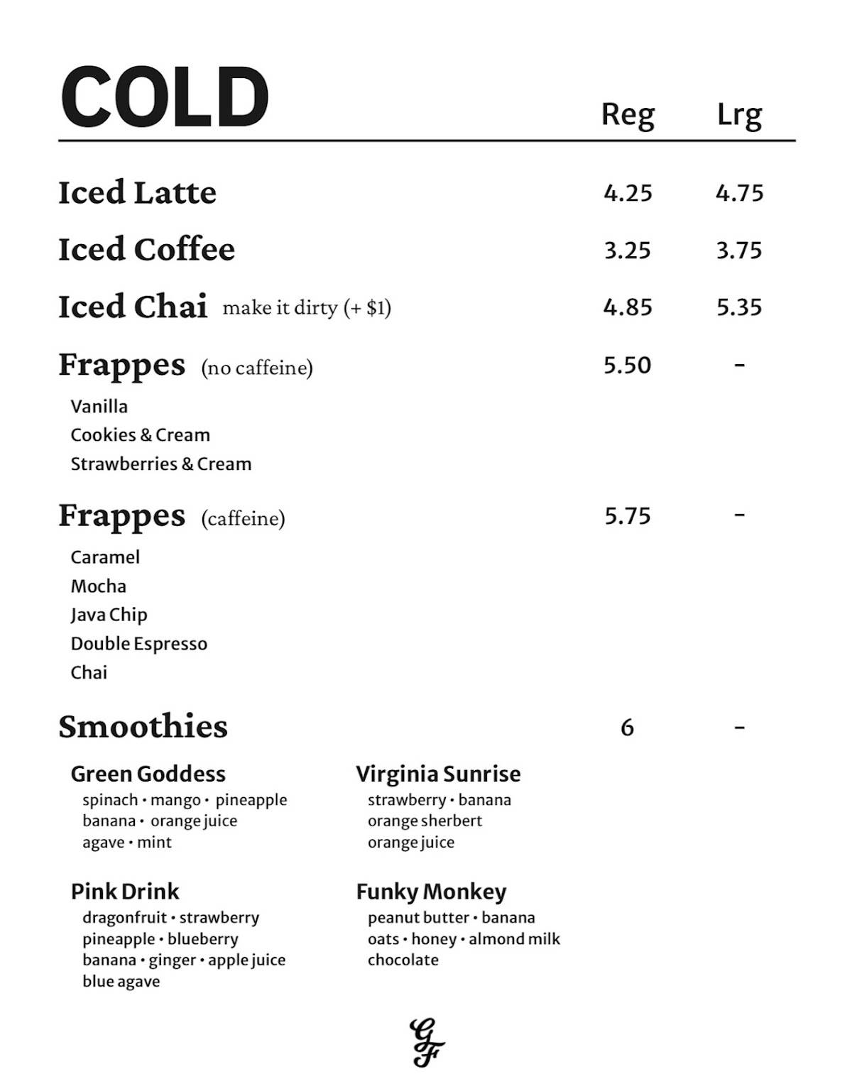 Menu at The Ground Floor restaurant, Martinsville