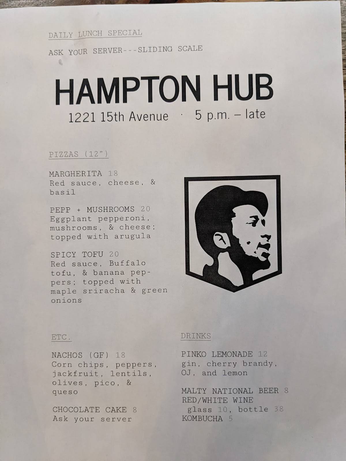 Menu at The Hampton Hub pizzeria, Regina