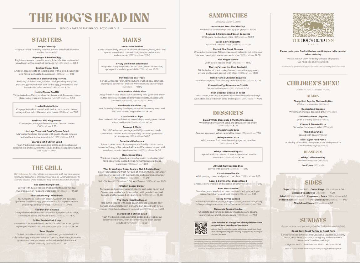 Menu at The Hog's Head Inn pub & bar, Alnwick