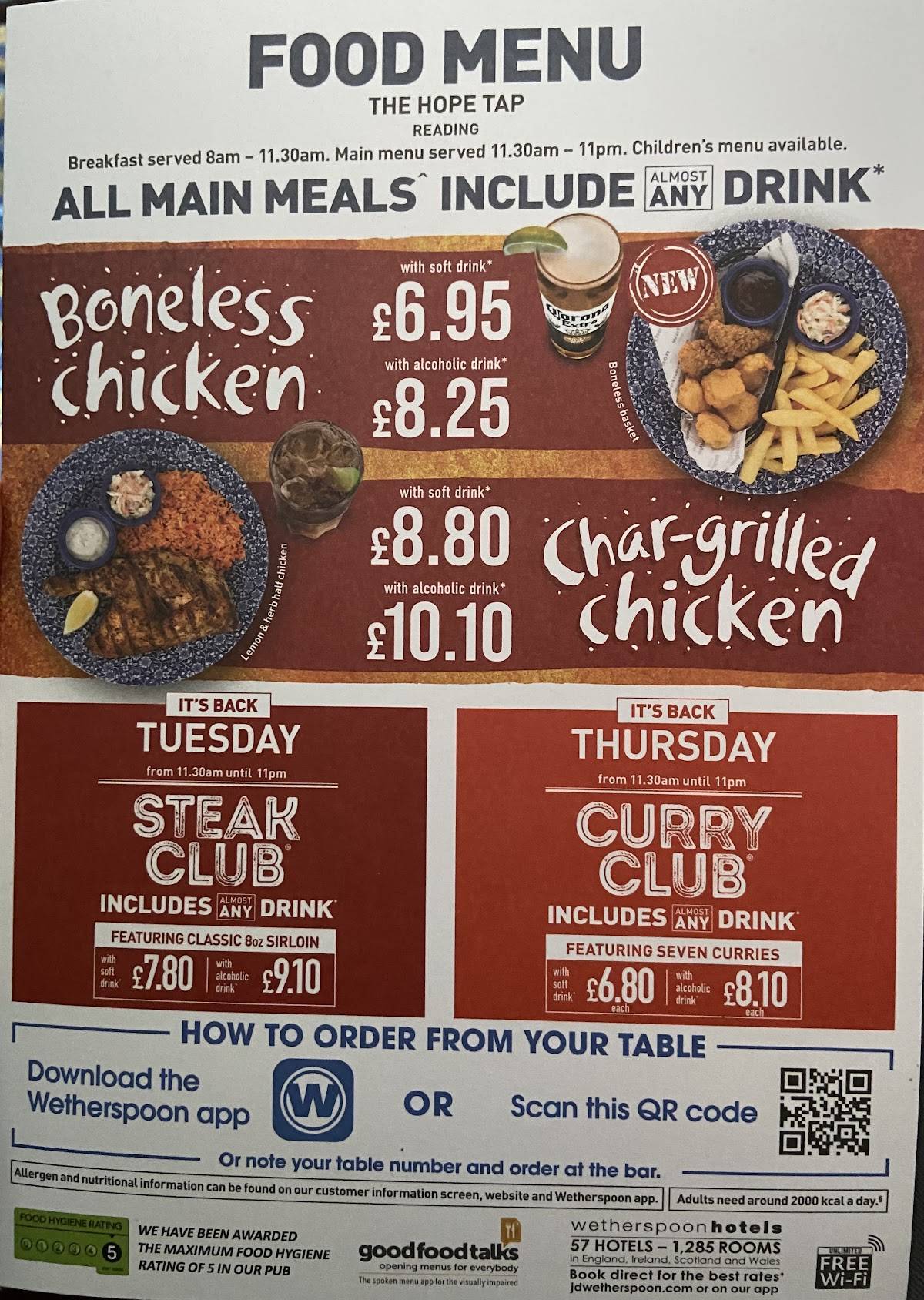 Menu at The Hope Tap - JD Wetherspoon pub & bar, Reading