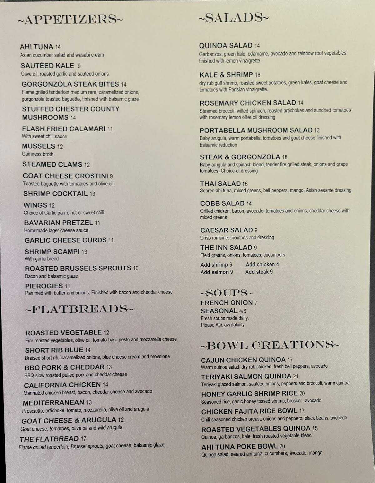 Menu at The Inn at St Peter's Village restaurant, USA