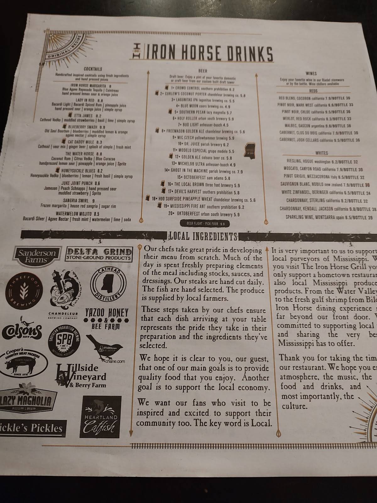Menu at The Iron Horse Grill restaurant, Jackson