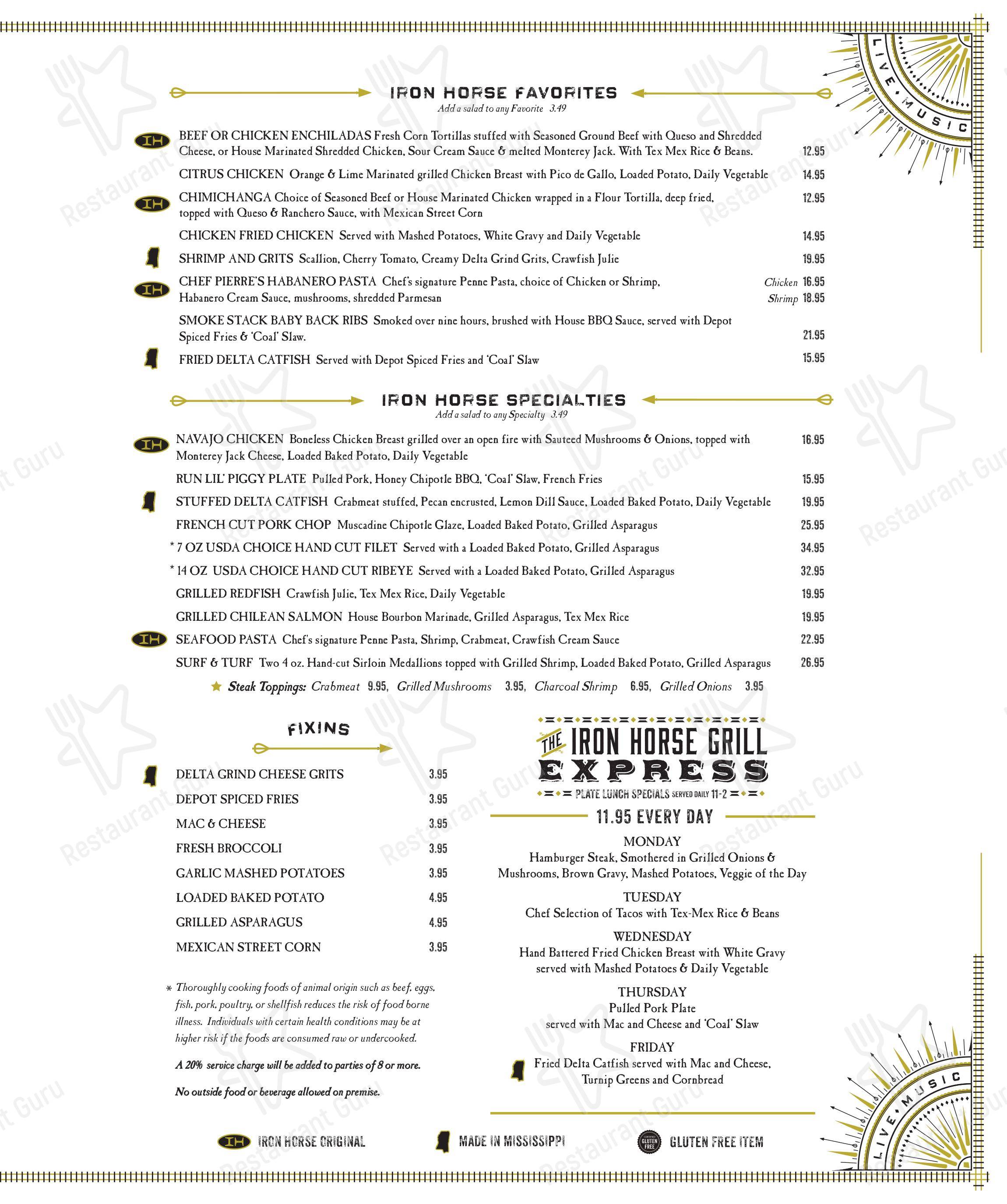 Menu at The Iron Horse Grill restaurant, Jackson