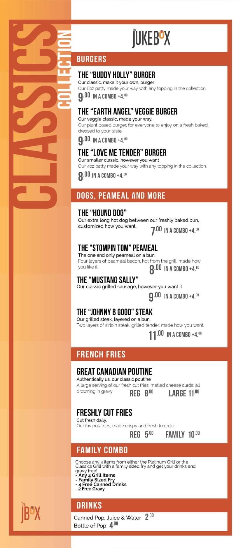 Menu at The Jukebox Diner fast food, Niagara Falls, Drummond Rd