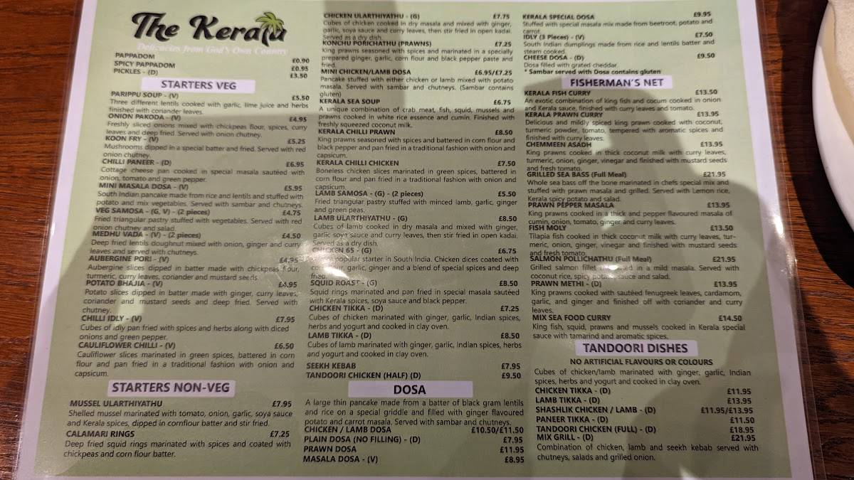 Menu at The Kerala restaurant, Caterham