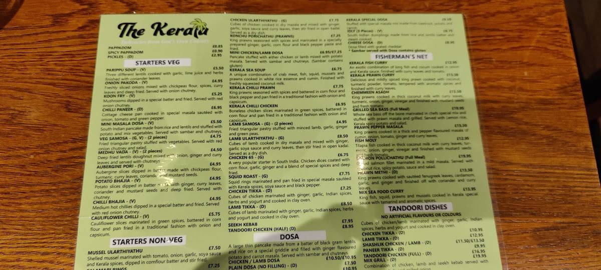 Menu at The Kerala restaurant, Caterham