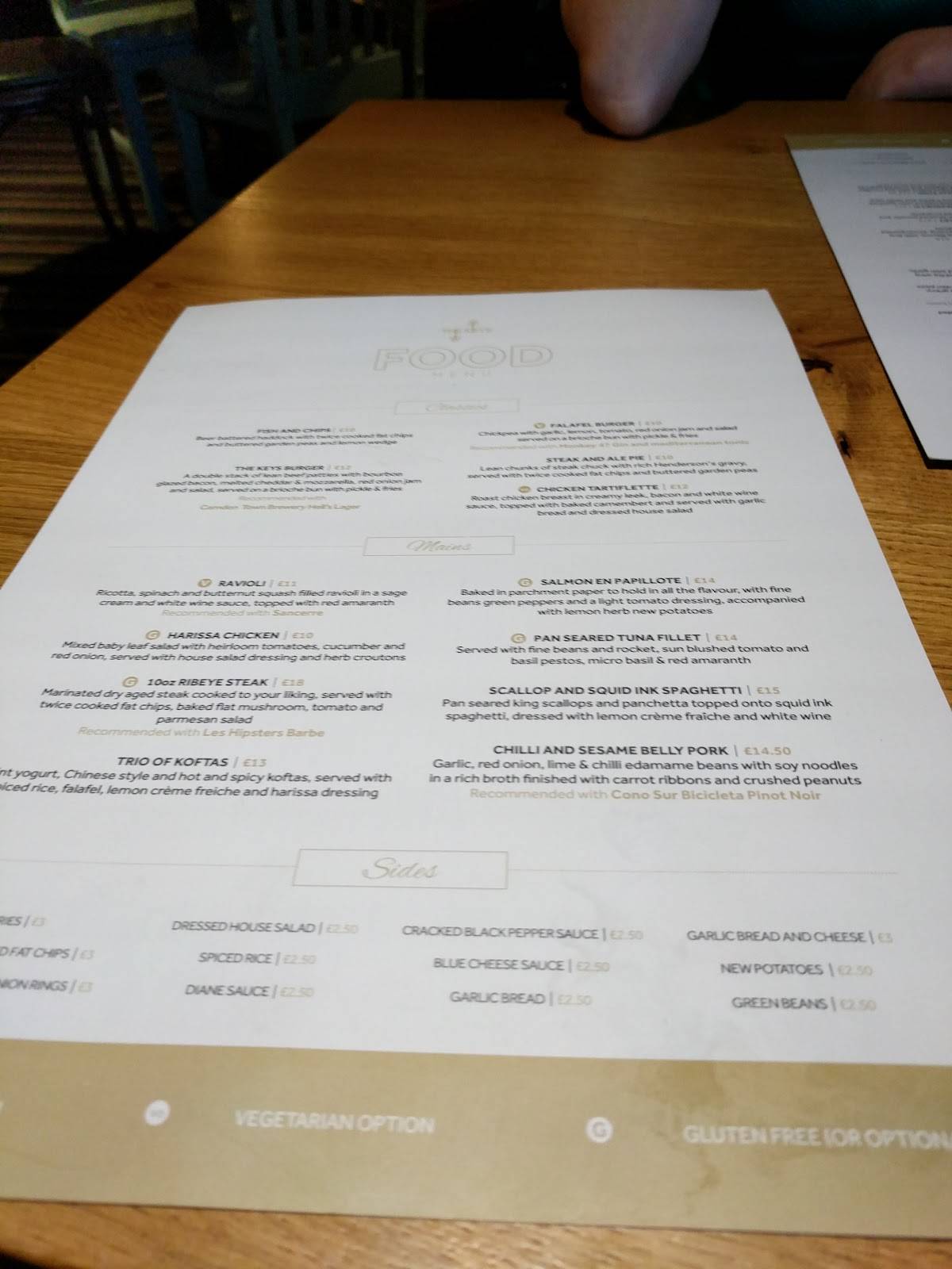 Menu at The Keys restaurant, Barnsley, Sheffield Rd