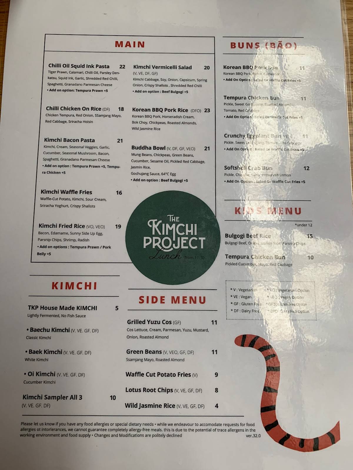 Menu at The Kimchi Project pub & bar, Auckland