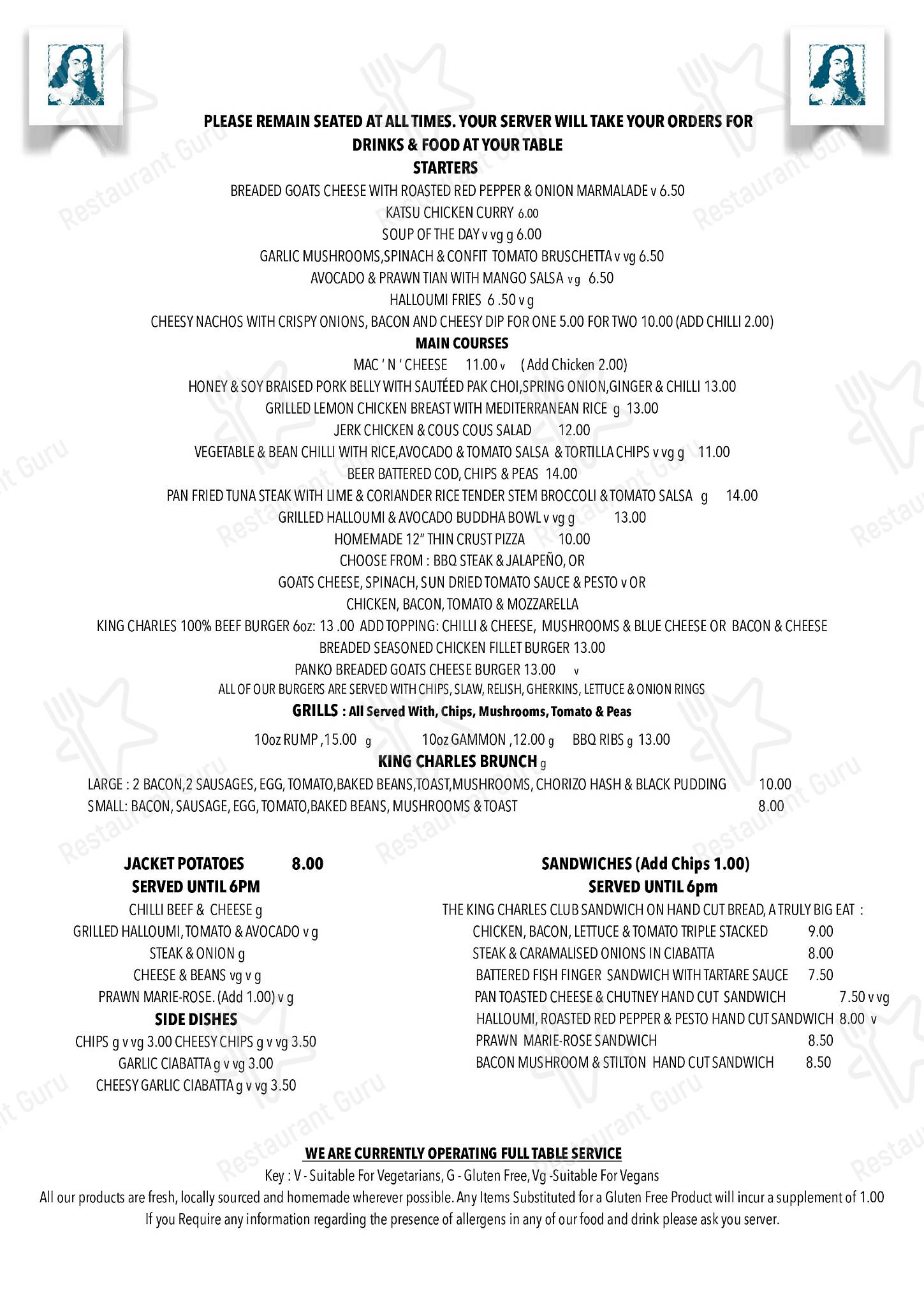 Menu at The King Charles pub & bar, Kings Worthy
