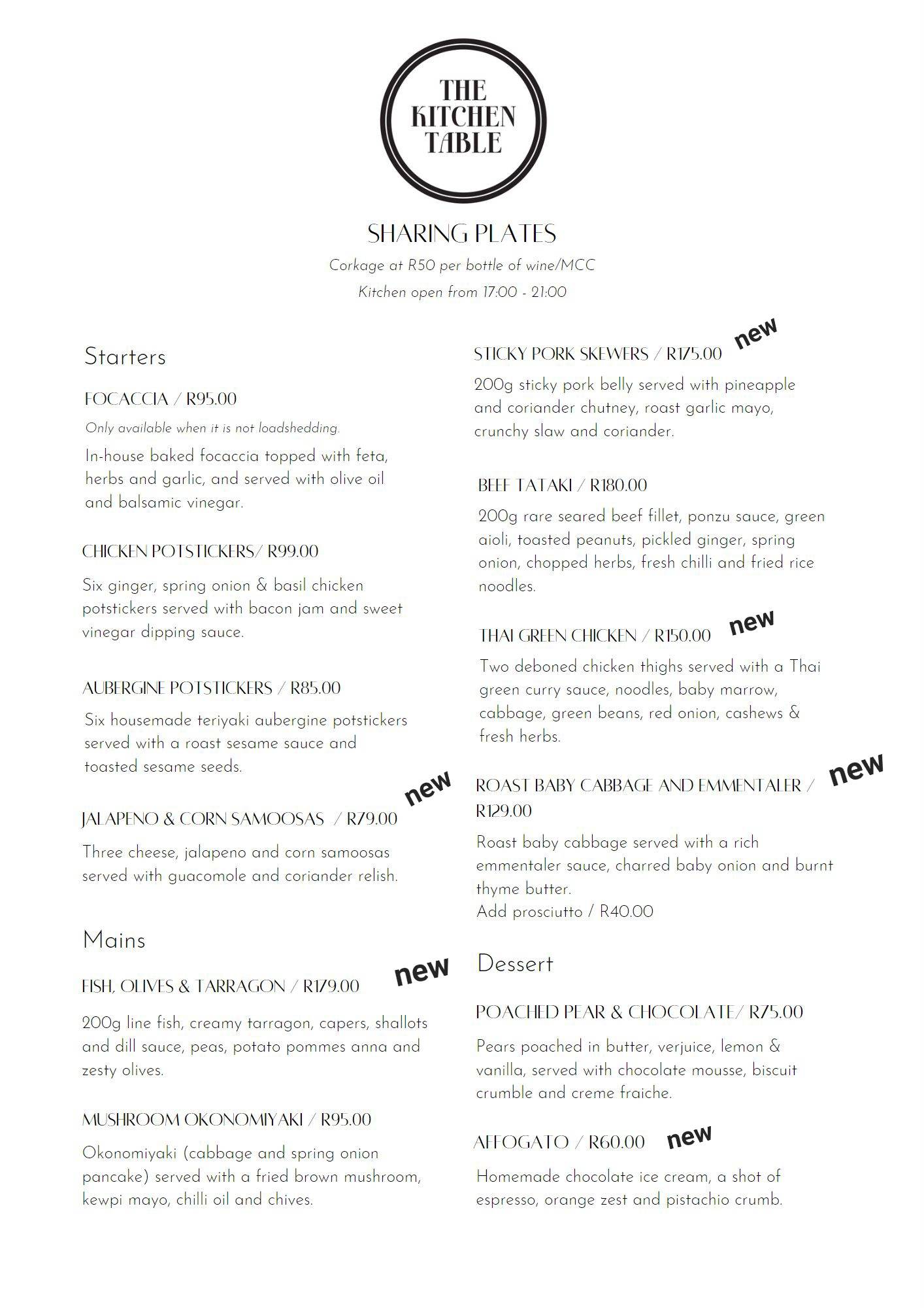 Menu at The Kitchen Table East London restaurant, East London