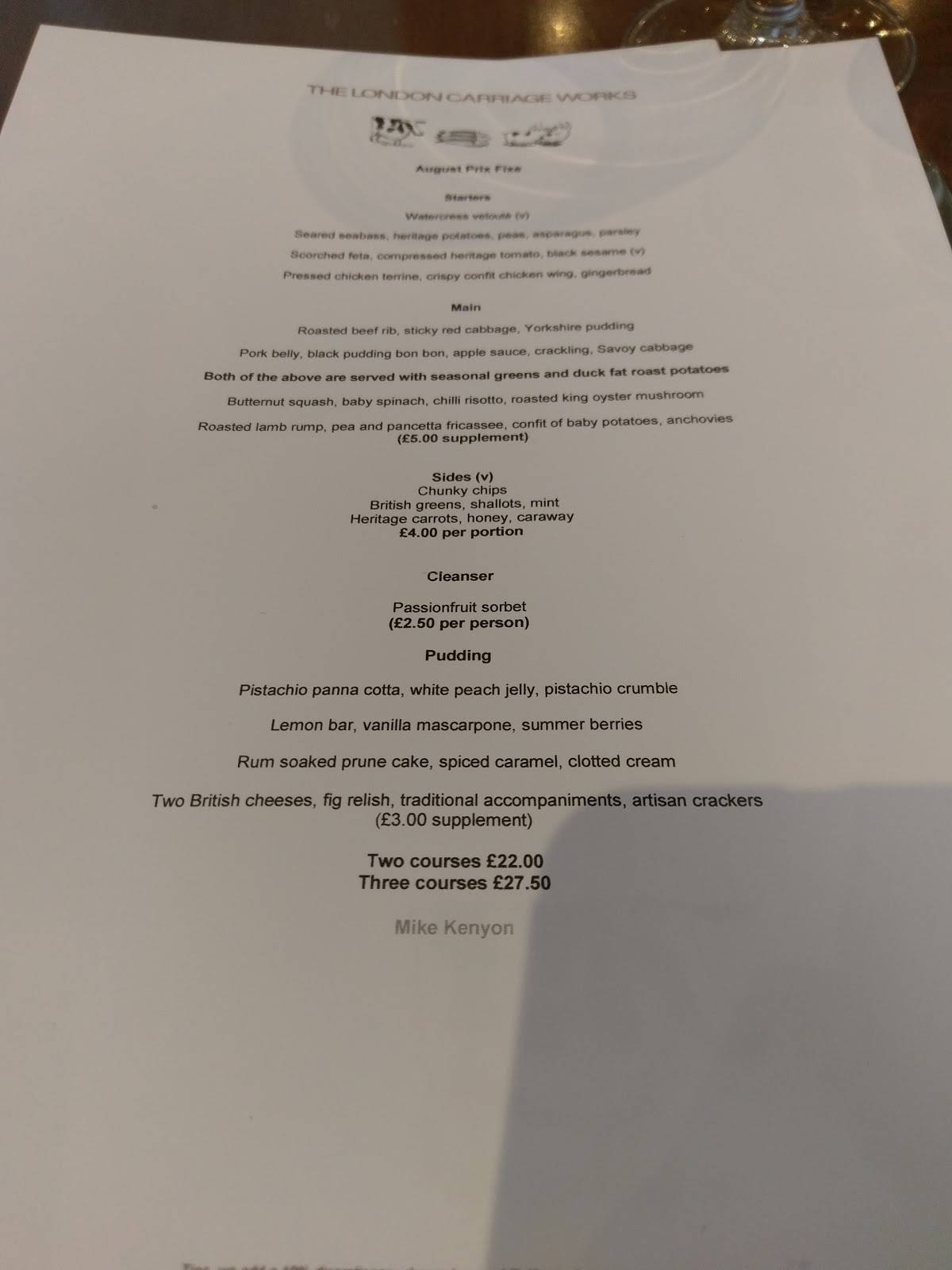 Menu at The London Carriage Works pub & bar, Liverpool