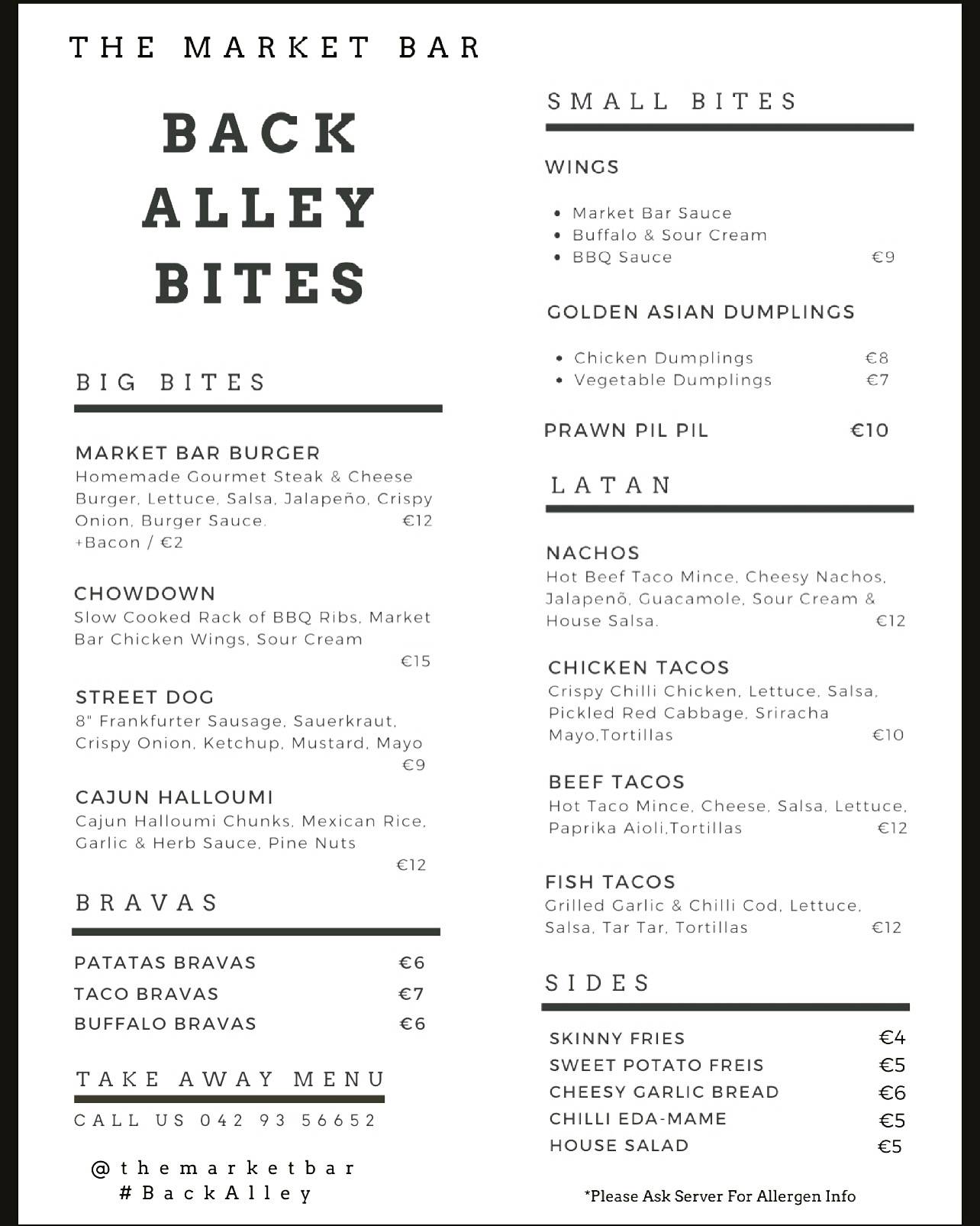 Menu at The Market Bar, Dundalk
