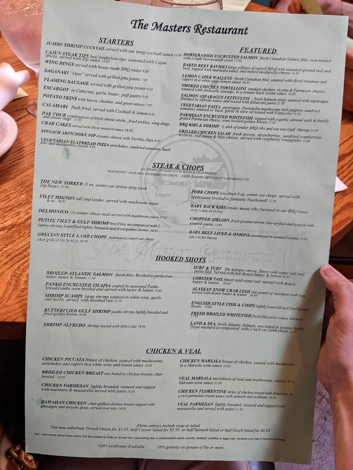 Menu at The Masters Restaurant, Madison Heights