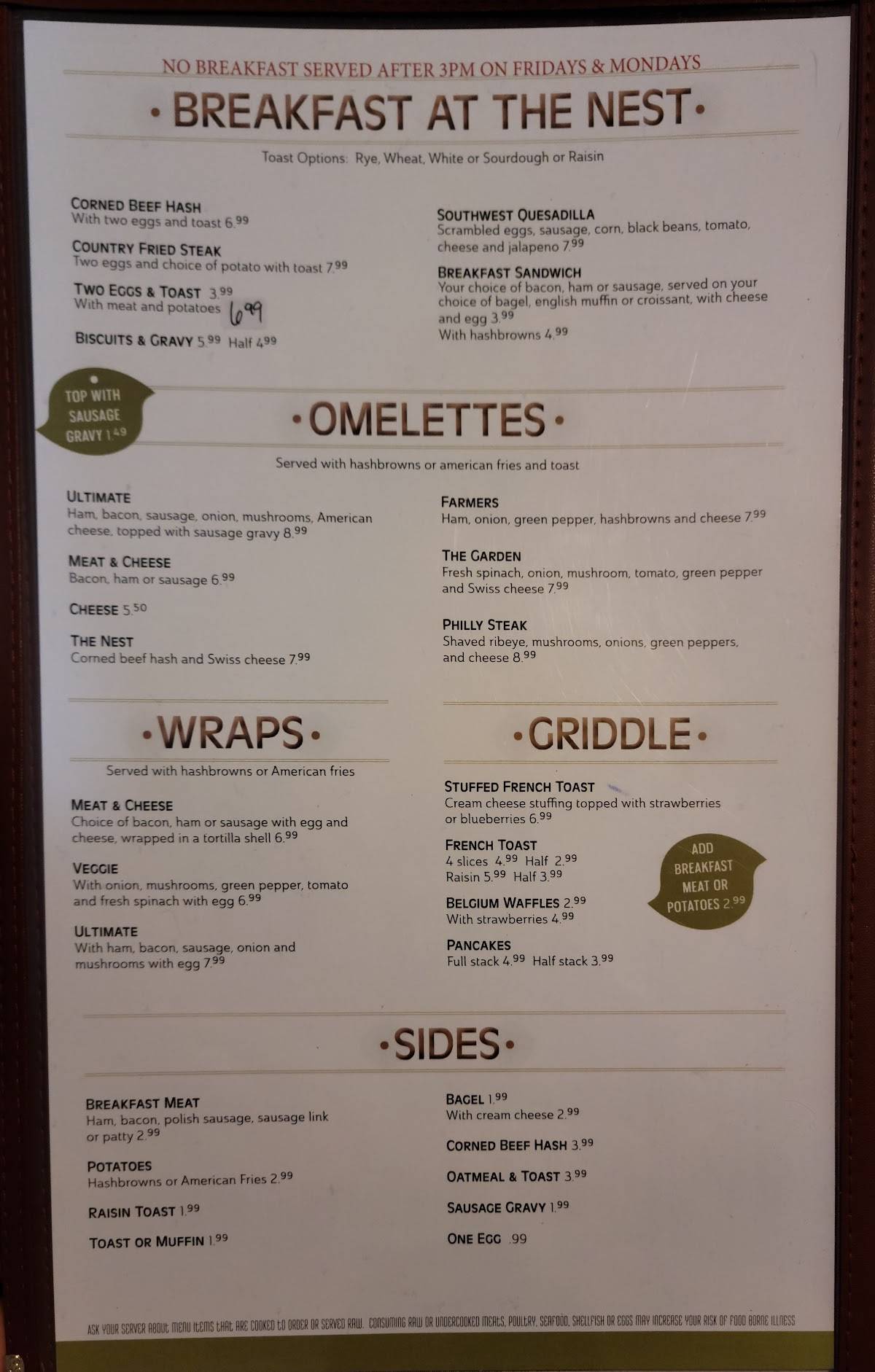 Menu at The Nest restaurant, Farwell