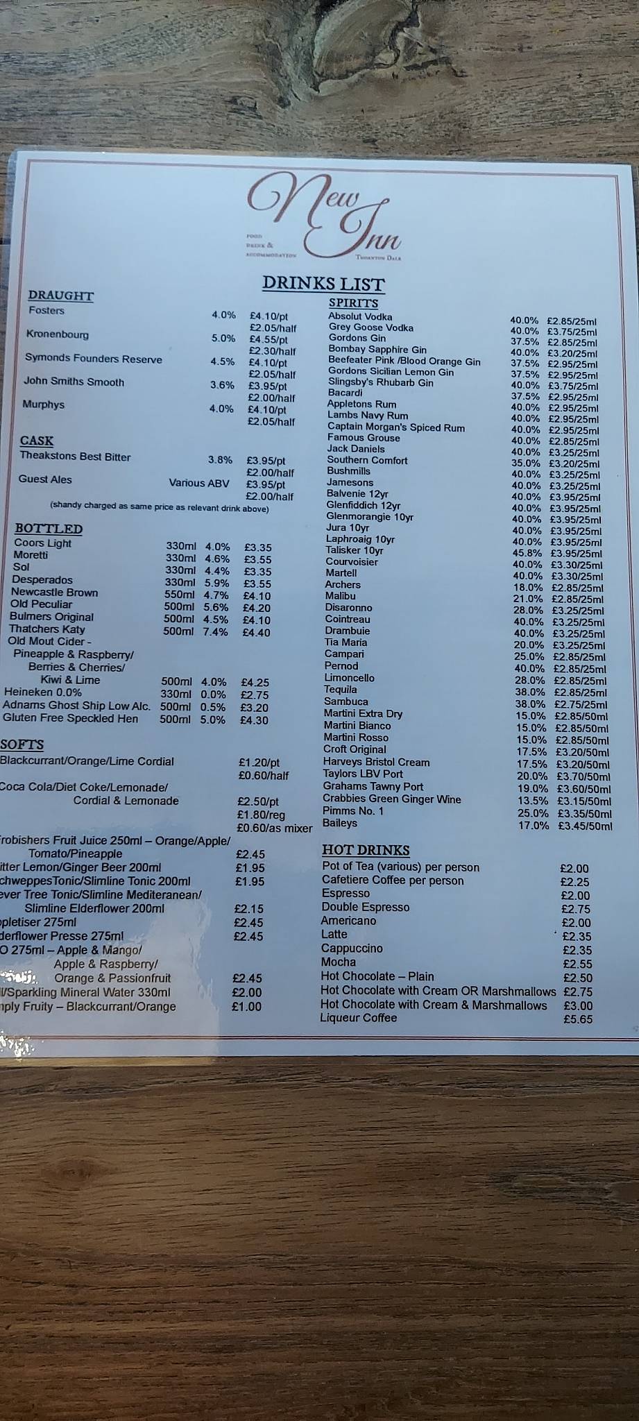 Menu at The New Inn pub & bar, Thornton Dale