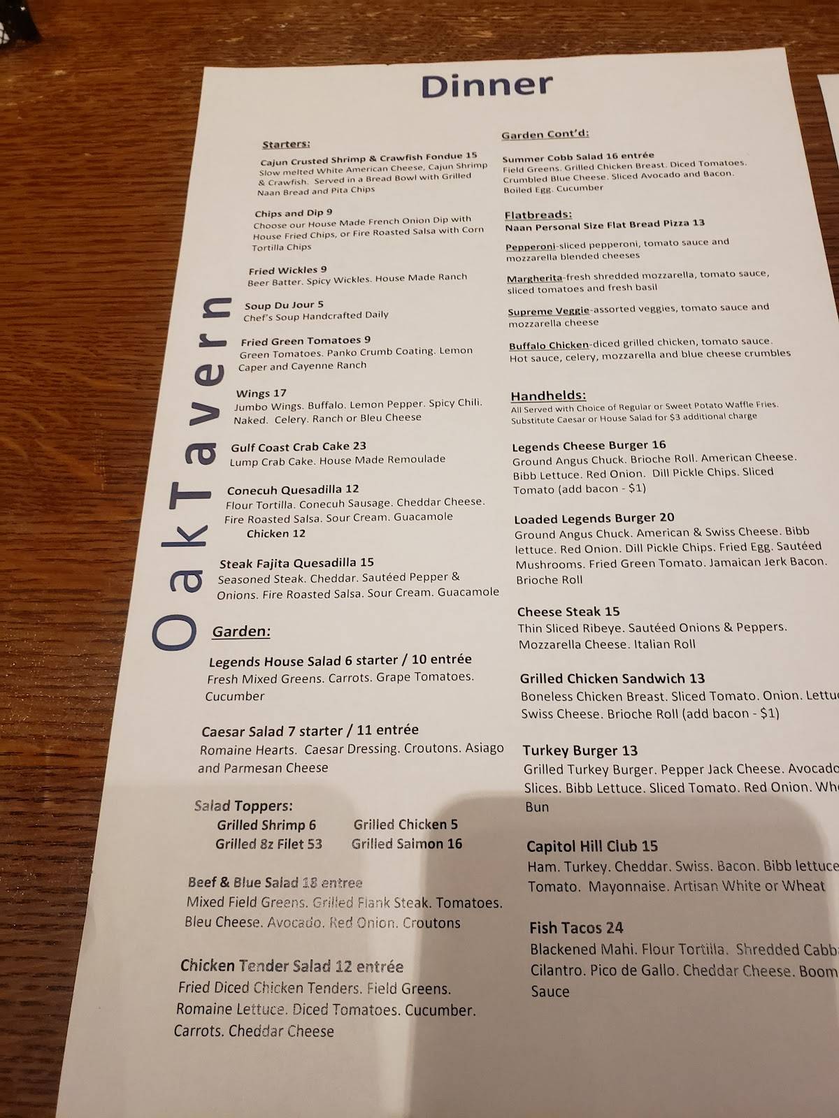Menu at The Oak Tavern pub & bar, Prattville