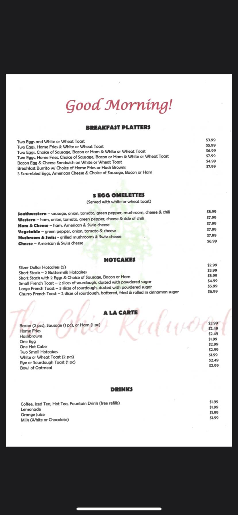 Menu at The Ohio Redwood restaurant, Belpre, Washington Blvd