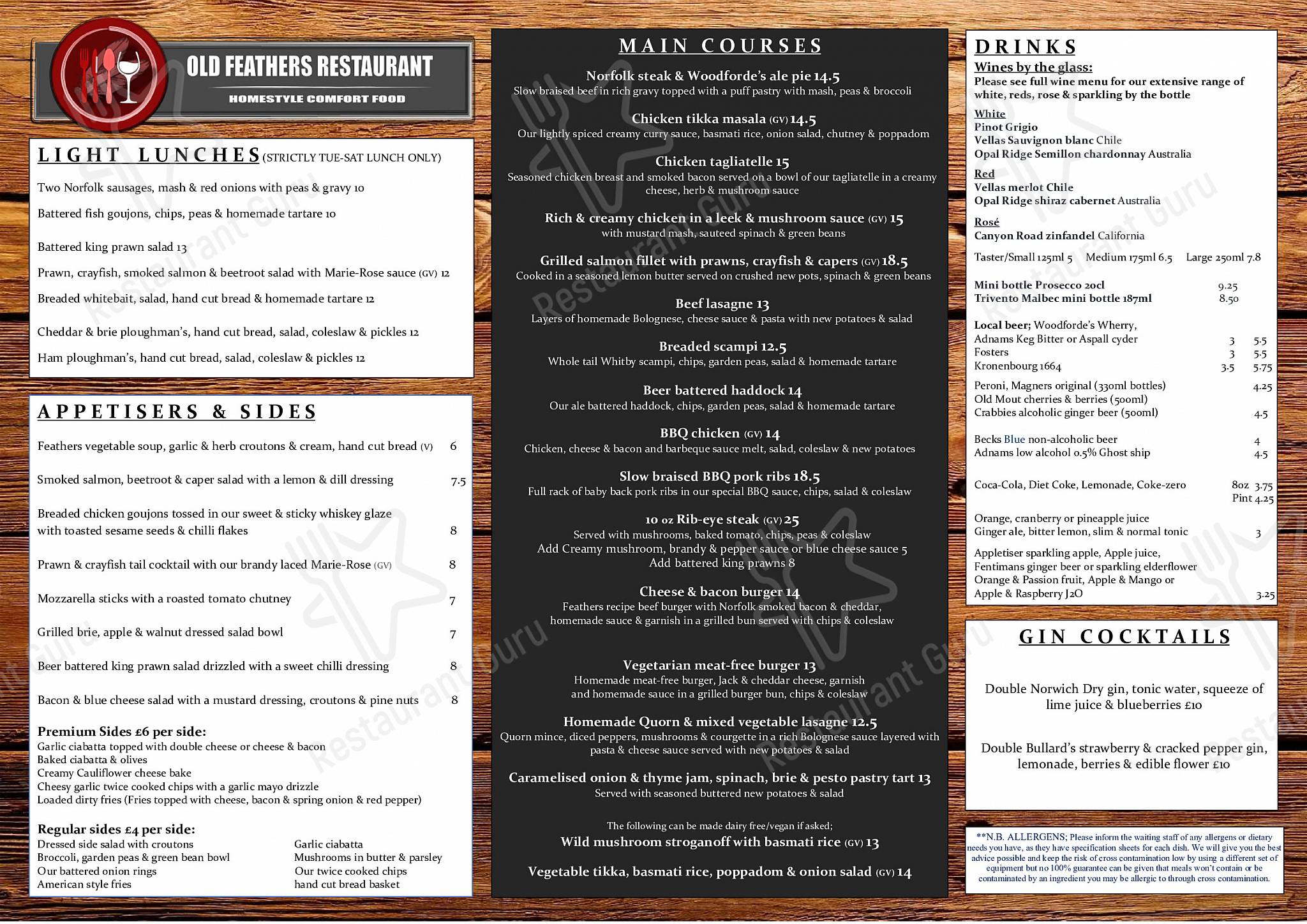 Menu at The Old Feathers restaurant, Norwich