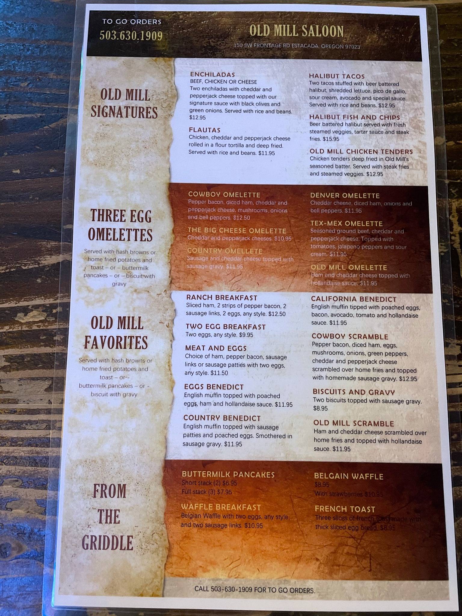 Menu at The Old Mill Saloon pub & bar, Estacada