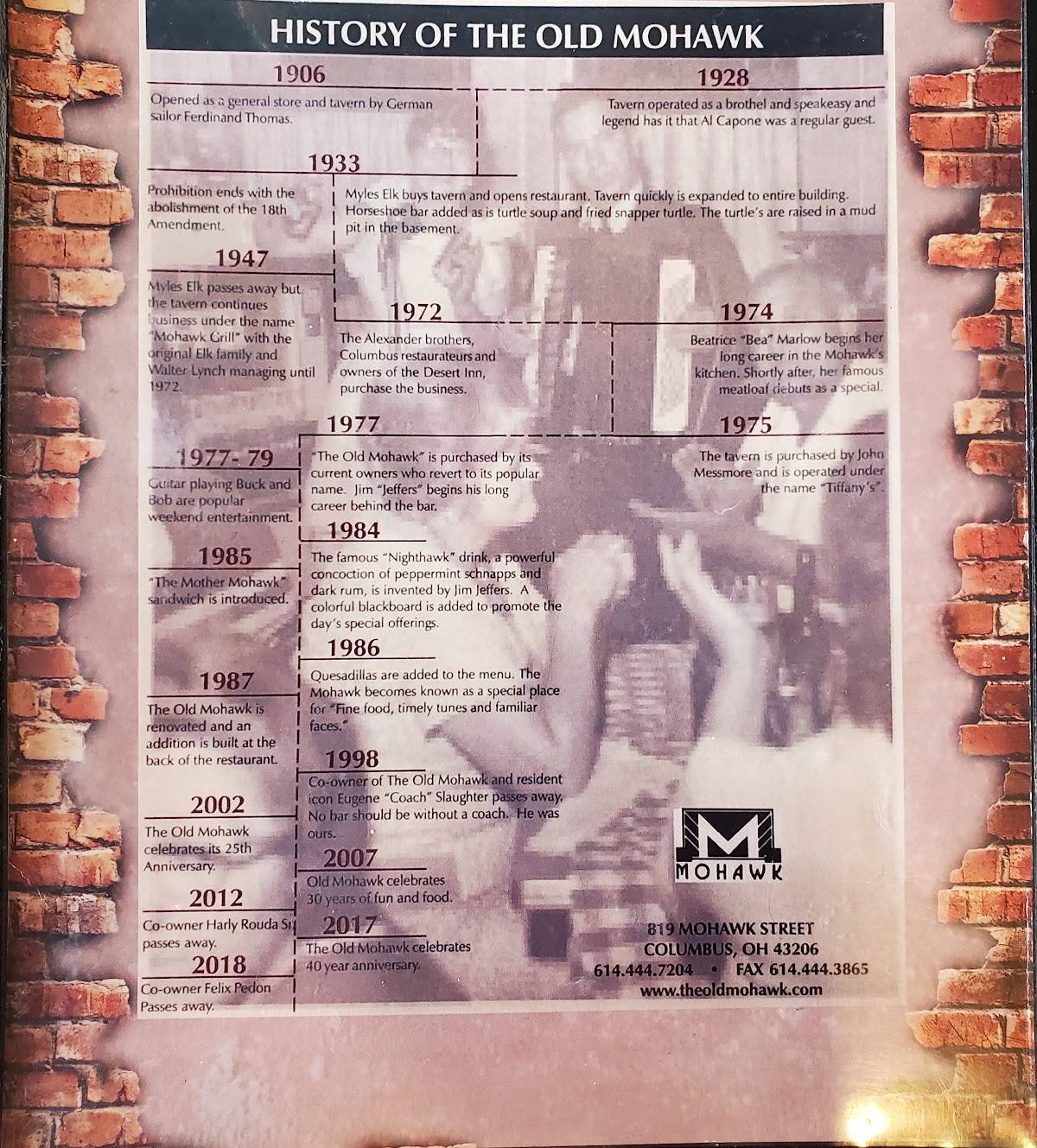 Menu at The Old Mohawk restaurant, Columbus
