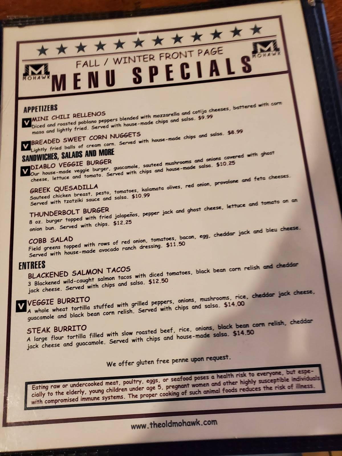 Menu at The Old Mohawk restaurant, Columbus