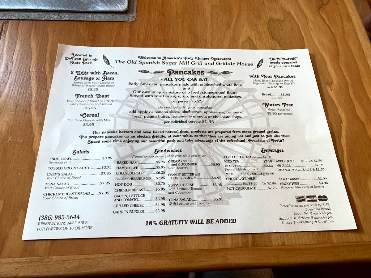 Menu at The Old Spanish Sugar Mill restaurant, De Leon Springs