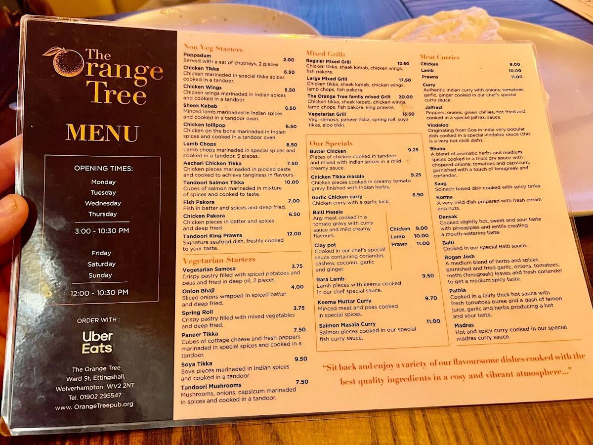 Menu at The Orange Tree pub & bar, Wolverhampton