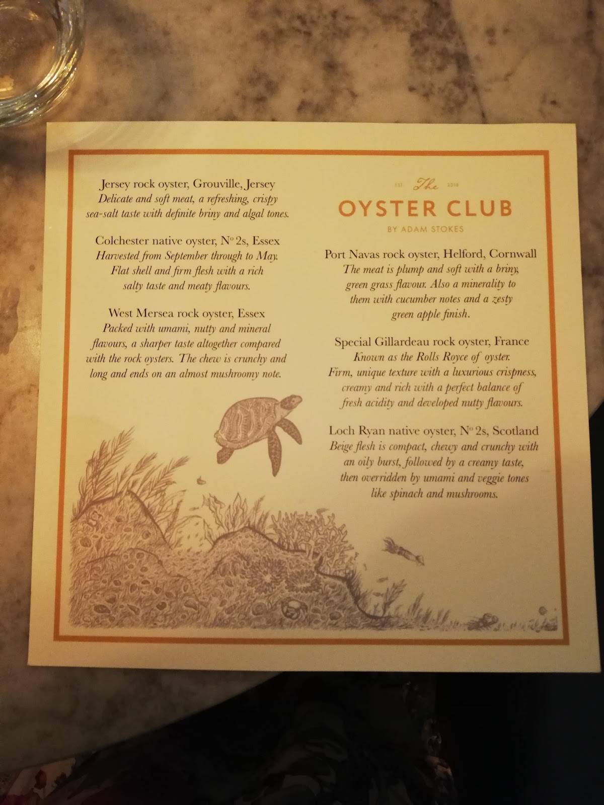 Menu at The Oyster Club, Birmingham