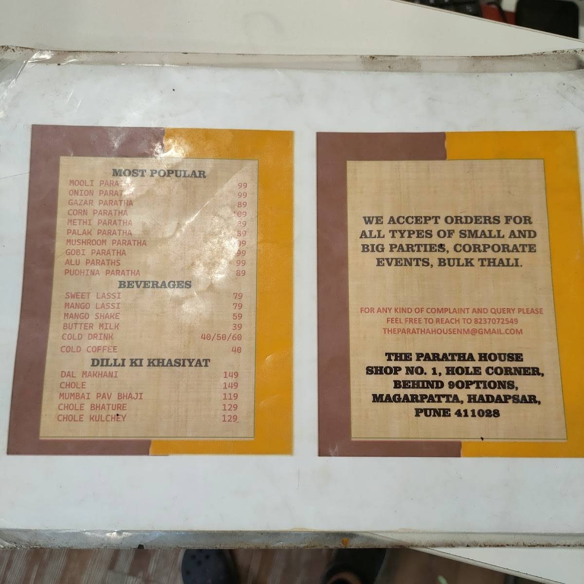 Menu at The Paratha House, Pune, GW4G+CW4