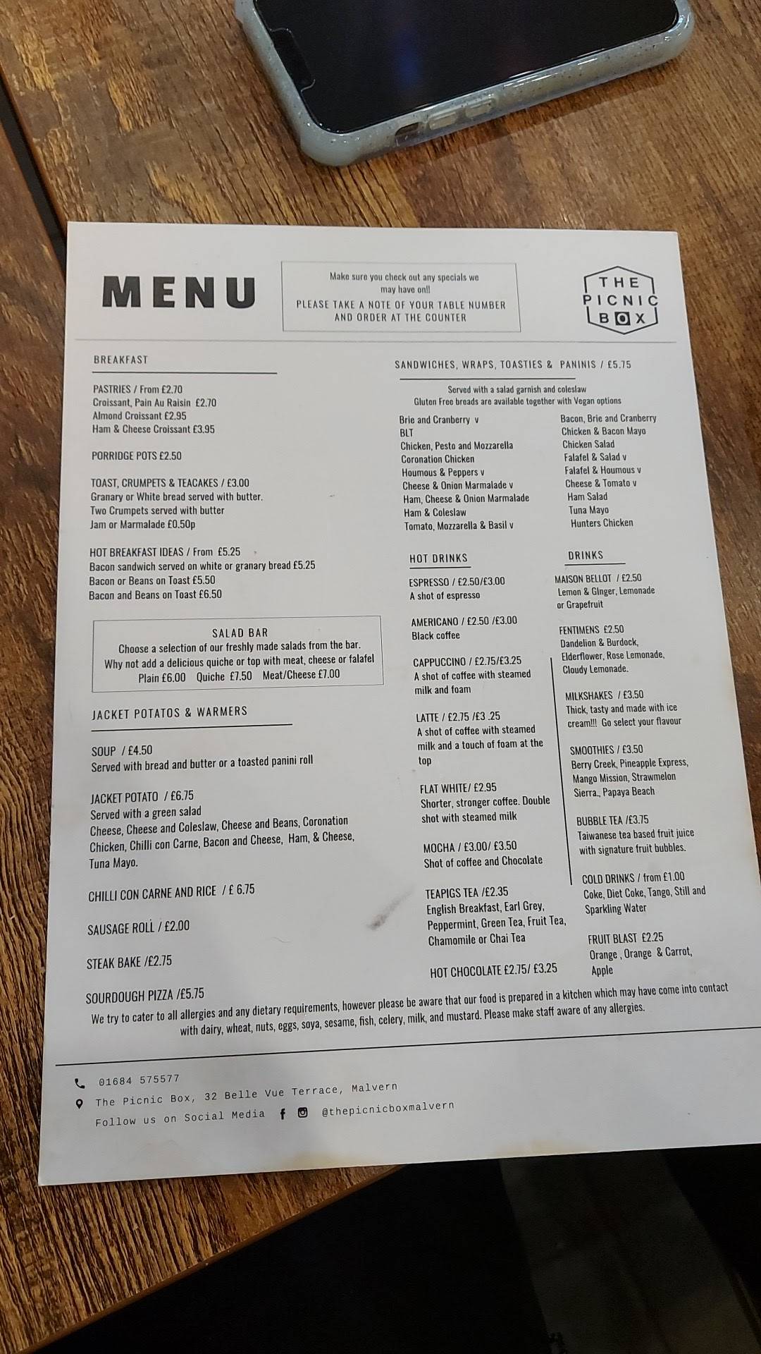 Menu at The Picnic Box cafe, Great Malvern